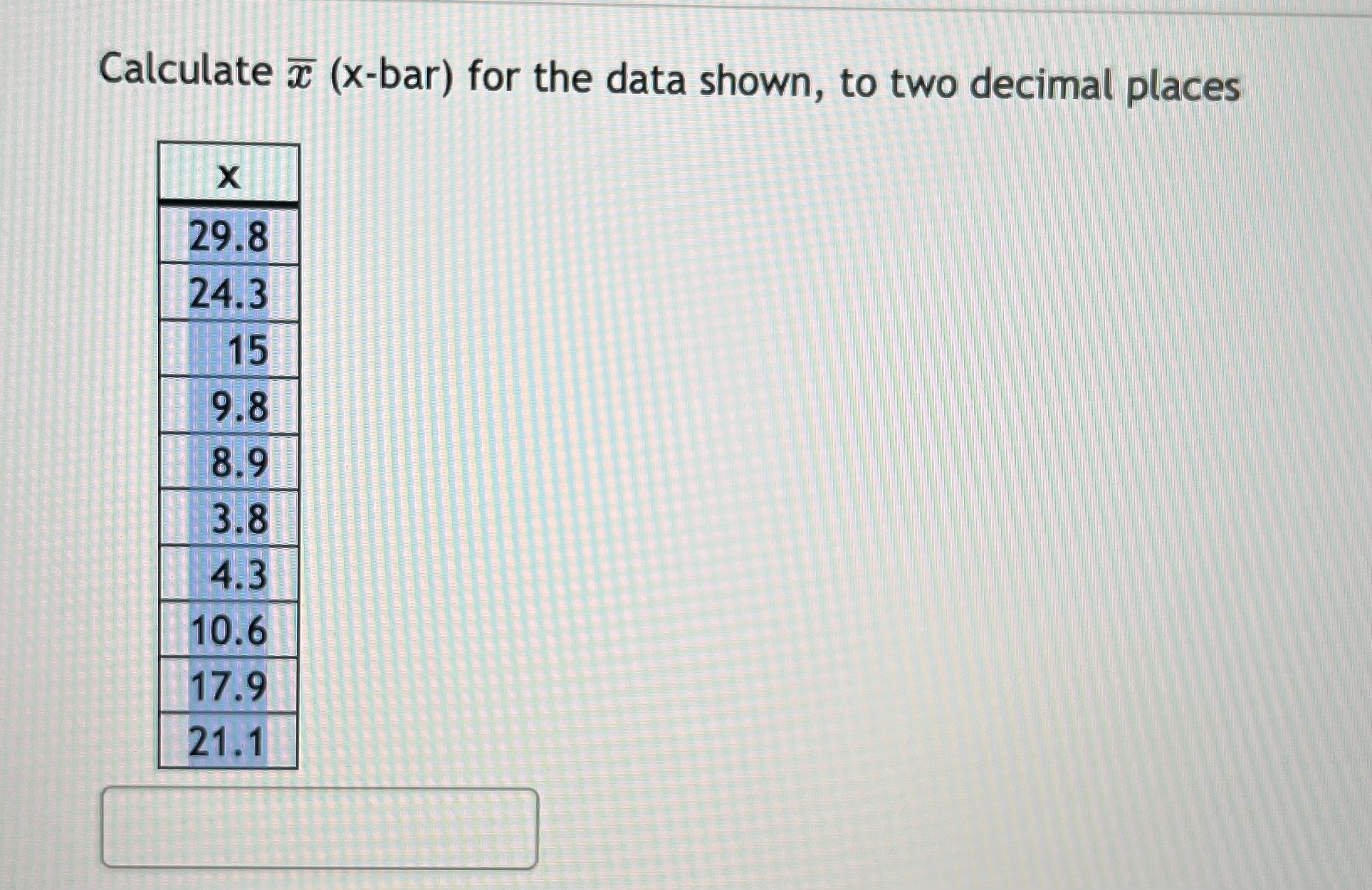 Solved Calculate xˉ (x-bar) for the data shown, to two | Chegg.com