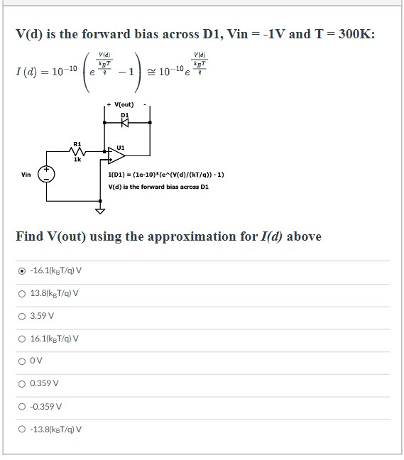 Solved V(d) ﻿is the forward bias across D1, ﻿Vin =-1V ﻿and | Chegg.com