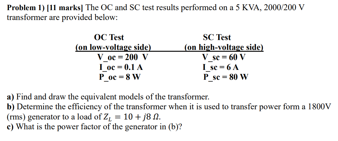 Solved Problem 1) [11 marks] The OC and SC test results | Chegg.com