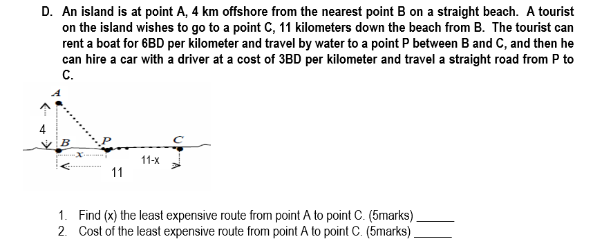 Solved D. An island is at point A, 4 km offshore from the | Chegg.com