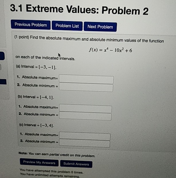 Solved 3.1 Extreme Values: Problem 1 Previous Problem | Chegg.com