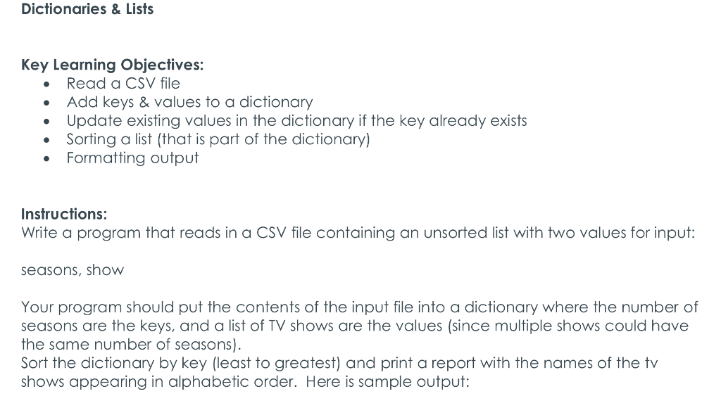 Solved Dictionaries & Lists . Key Learning Objectives: Read | Chegg.com