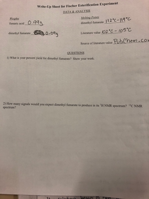 Solved Write-Up Sheet for Fischer Esterification Experiment | Chegg.com