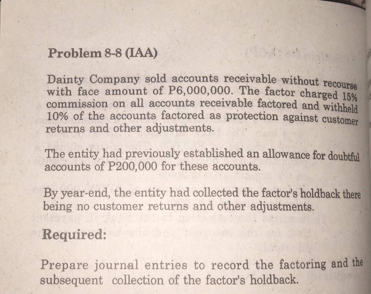 Solved Problem 8-8 (IAA) Dainty Company sold accounts | Chegg.com