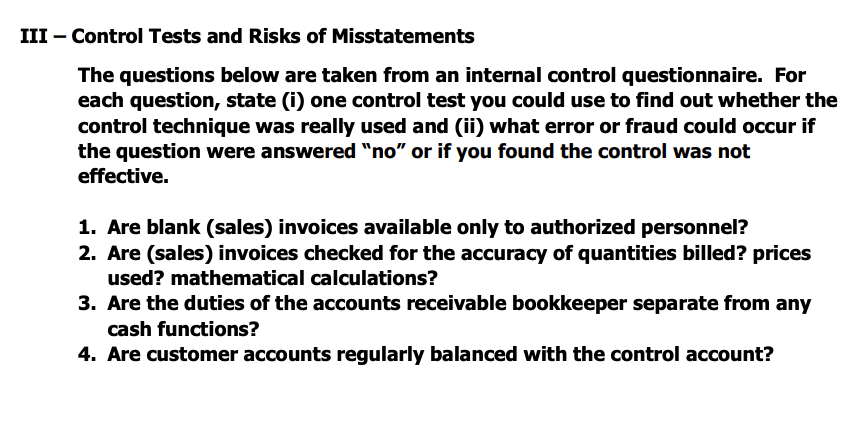 Solved II - Control Tests and Risks of Misstatements The | Chegg.com