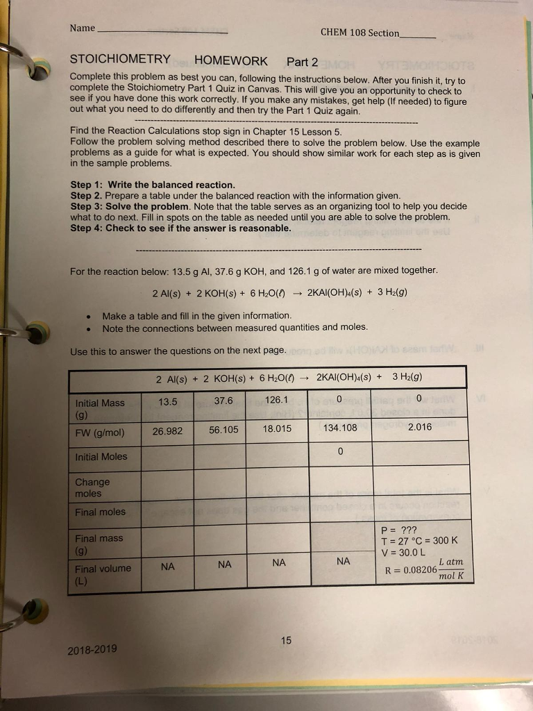 Solved Name CHEM 108 Section STOICHIOMETRY HOMEWORK Part 2 | Chegg.com