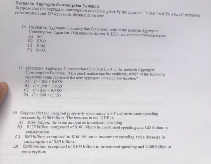 Solved Scenario: Aggregate Consumption Equation Suppose that | Chegg.com