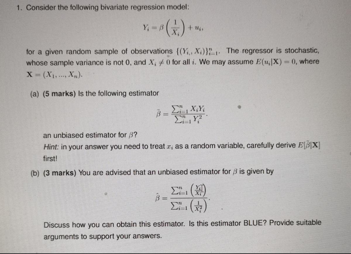Solved 1. Consider the following bivariate regression model: | Chegg.com