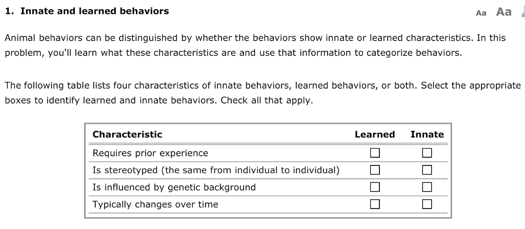 Solved 1. Innate and learned behaviors Aa Aa Animal | Chegg.com