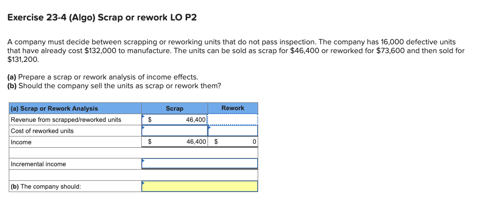 Solved Exercise 23-4 (Algo) Scrap or rework LO P2 A company | Chegg.com