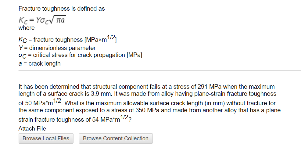 Solved Fracture toughness is defined as Kc=Yocta where Kc = | Chegg.com