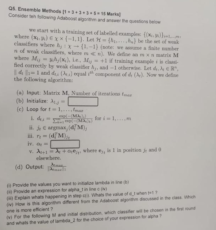 Solved Q5. ﻿Ensemble Methods Marks]Consider teh following | Chegg.com