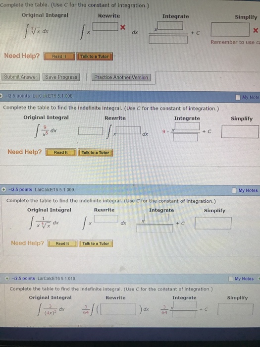 Solved Complete the table. (Use C for the constant of | Chegg.com