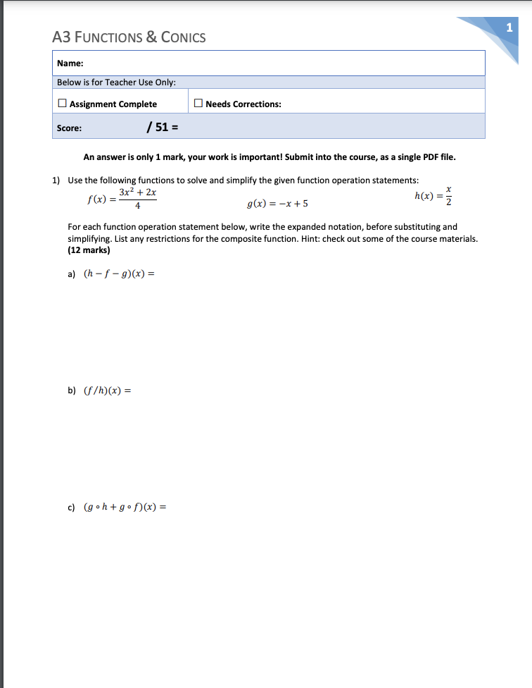 Solved 1 A3 FUNCTIONS & CONICS Name: Below is for Teacher | Chegg.com