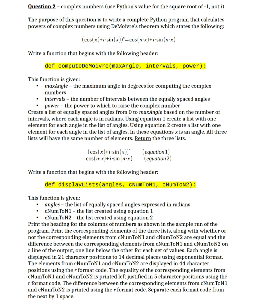 Question 2- complex numbers (use Python's value for | Chegg.com