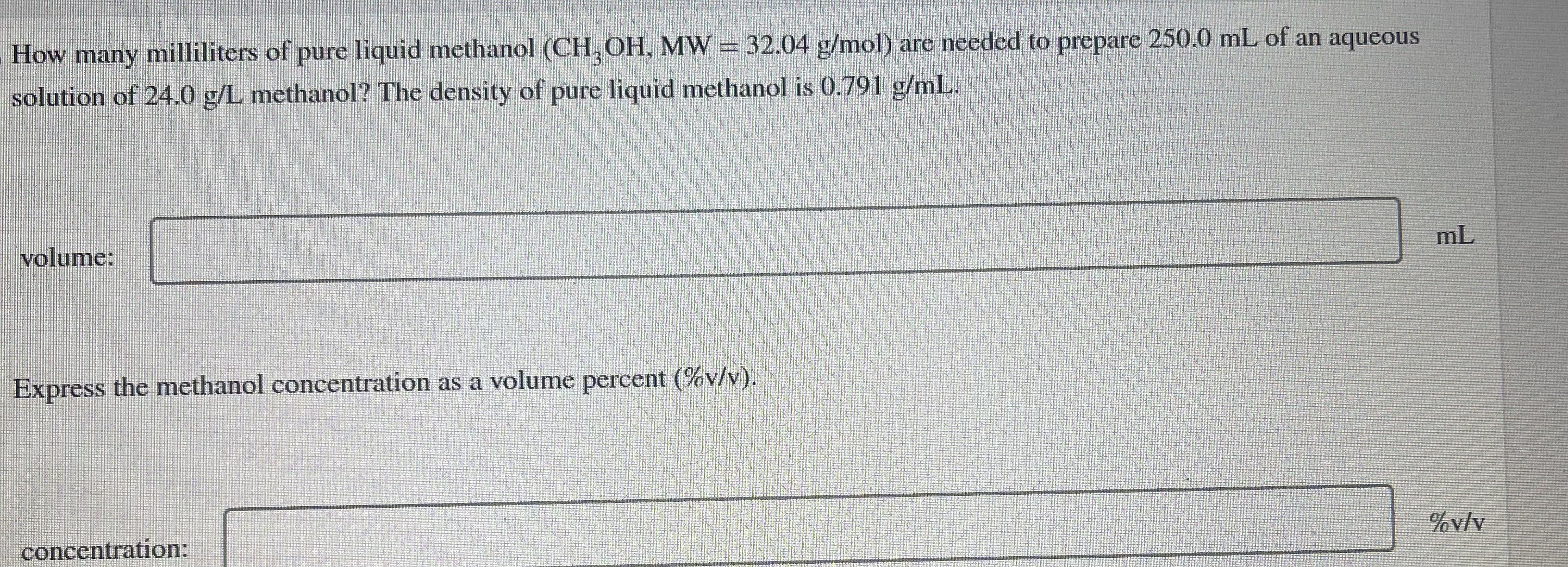 Solved How many milliliters of pure liquid methanol | Chegg.com