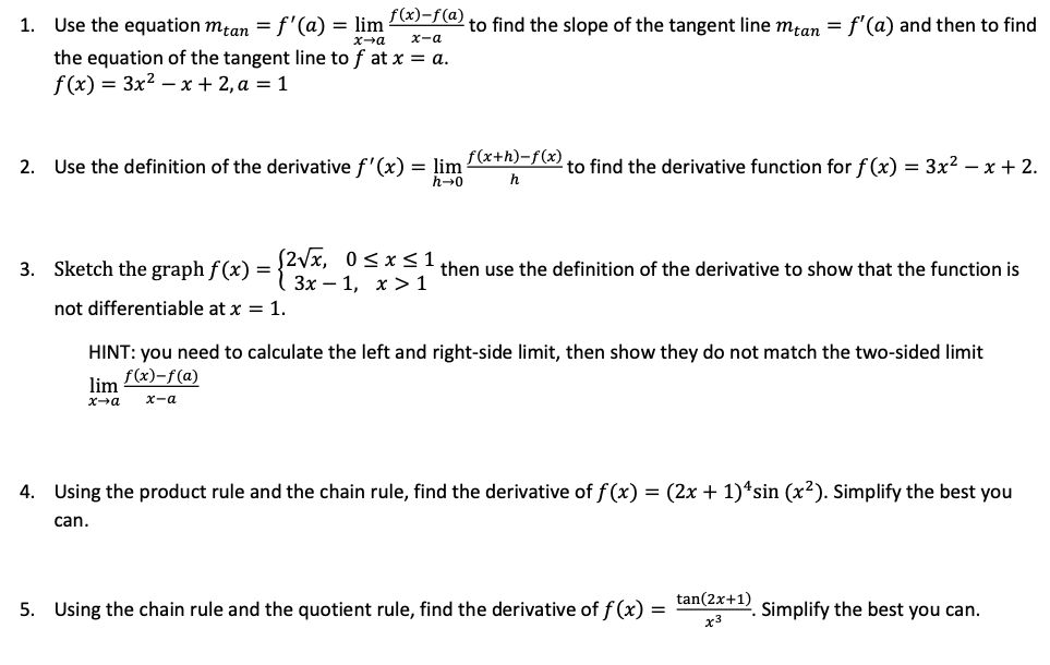 Solved xa x-a 1. Use the equation Mtan = f'(a) = lim | Chegg.com