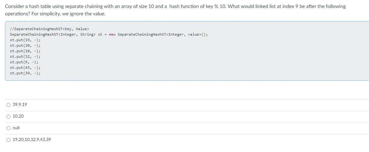 Solved Consider a hash table using separate chaining with an | Chegg.com