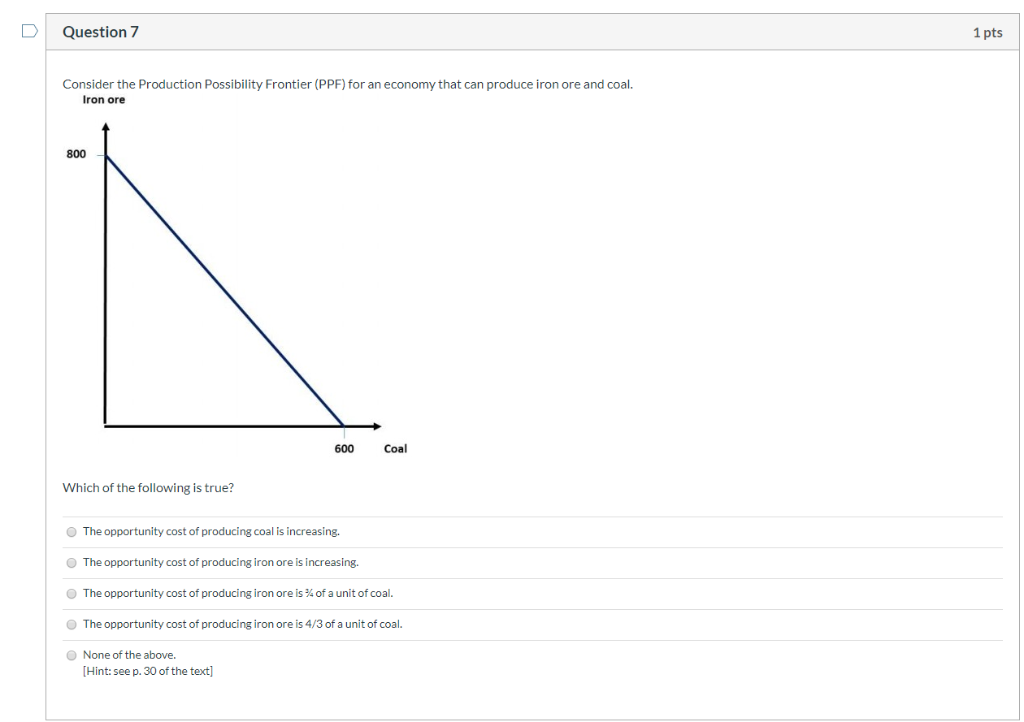 Solved DQuestion 7 1 pts Consider the Production Possibility | Chegg.com Solved DQuestion 7 1 pts Consider the Production Possibility | Chegg.com