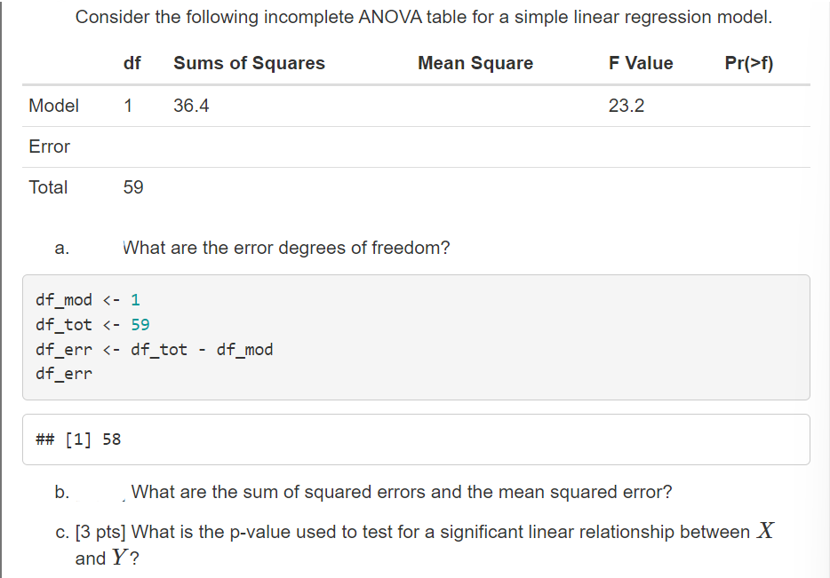 Solved Consider the following incomplete ANOVA table for a | Chegg.com