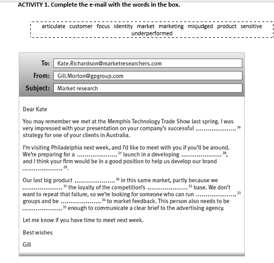 Solved ACTIVITY 1. Complete the e-mail with the words in the | Chegg.com