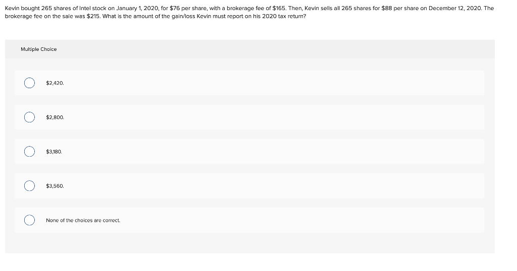 Solved Kevin bought 265 shares of Intel stock on January 1, | Chegg.com