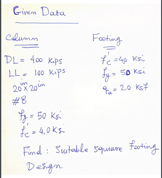Solved Given Data Column Footing 구 IDL= 400 kips LL = 100 | Chegg.com