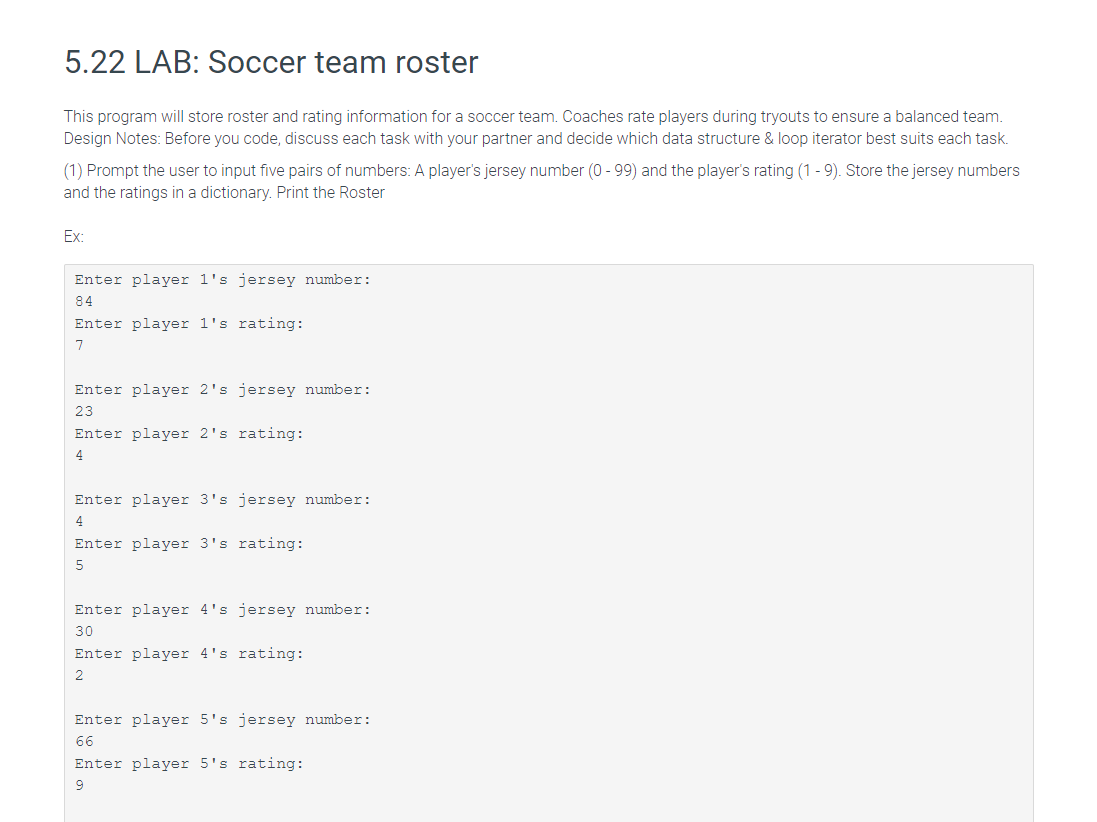 Solved 5.22 LAB: Soccer team roster This program will store | Chegg.com