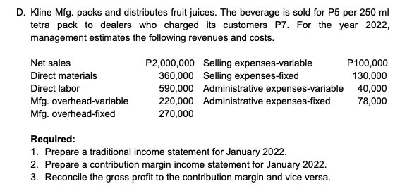 Solved Kline Mfg. packs and distributes fruit juices. The | Chegg.com