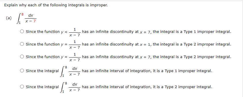 Solved Explain why each of the following integrals is | Chegg.com
