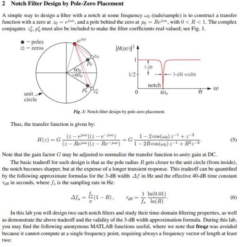 Solved 2 Notch Filter Design by Pole-Zero Placement A simple | Chegg.com