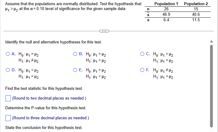 Solved Assume that the populations are normally distributed. | Chegg.com