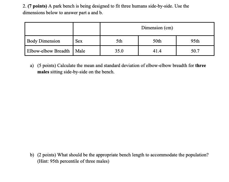 Solved 2. (7 ﻿points) ﻿A park bench is being designed to fit | Chegg.com