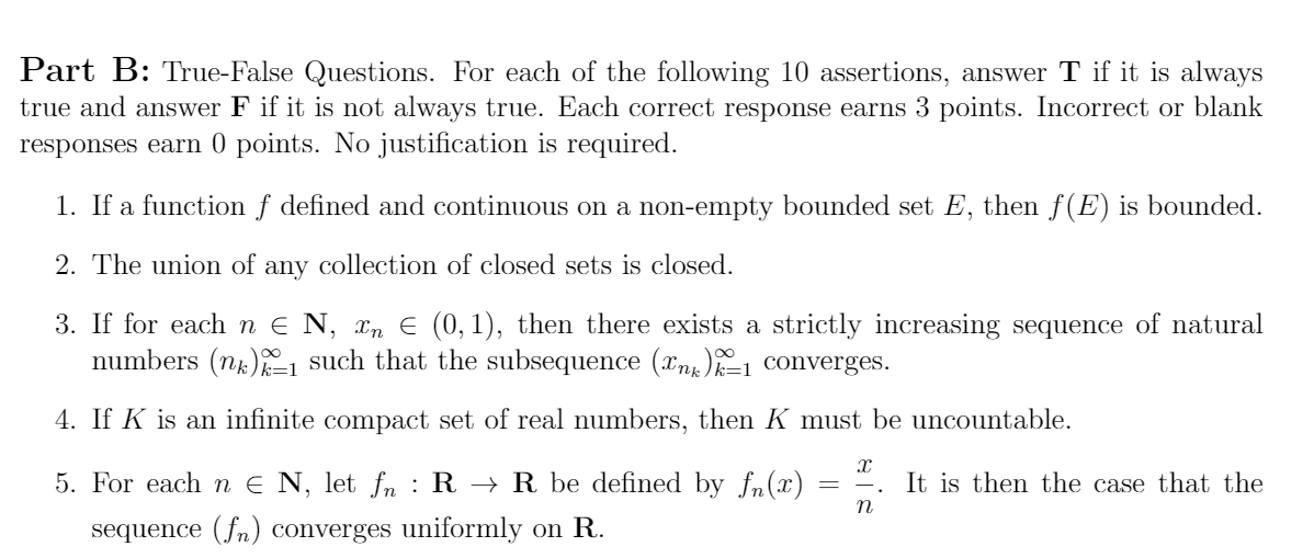 Solved Part B: True-False Questions. For each of the | Chegg.com