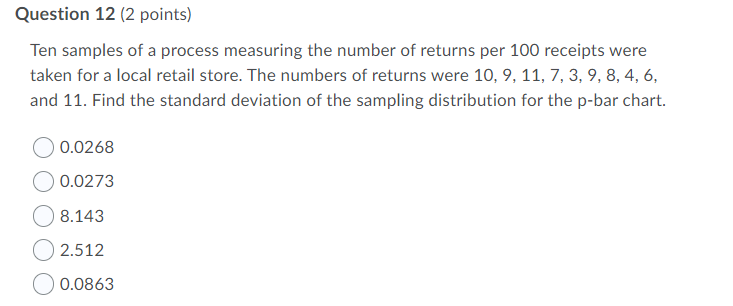 Solved Question 12 (2 points) Ten samples of a process | Chegg.com