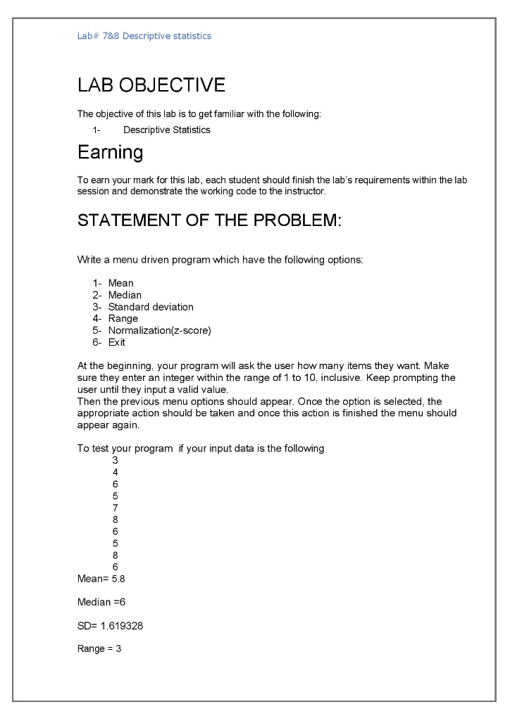 Solved Lab# 788 Descriptive statistics LAB OBJECTIVE The | Chegg.com