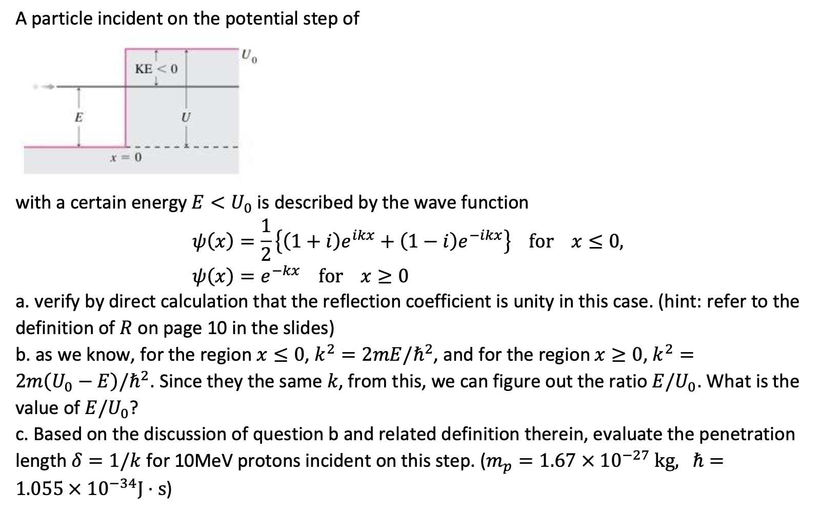 Solved A particle incident on the potential step of U. KE