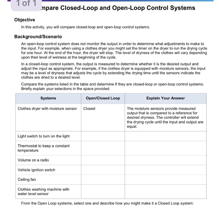 Solved 1of 1 mpare Closed-Loop and Open-Loop Control Systems | Chegg.com