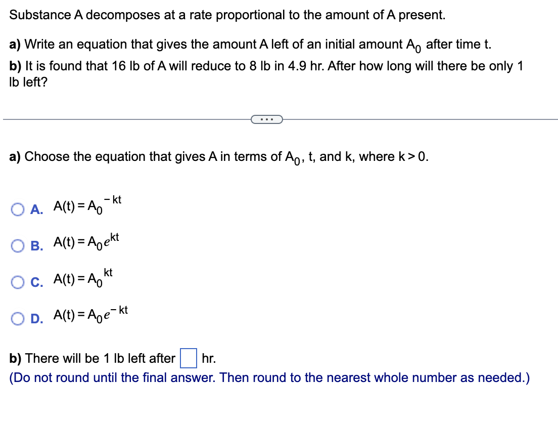 Solved Substance A decomposes at a rate proportional to the | Chegg.com