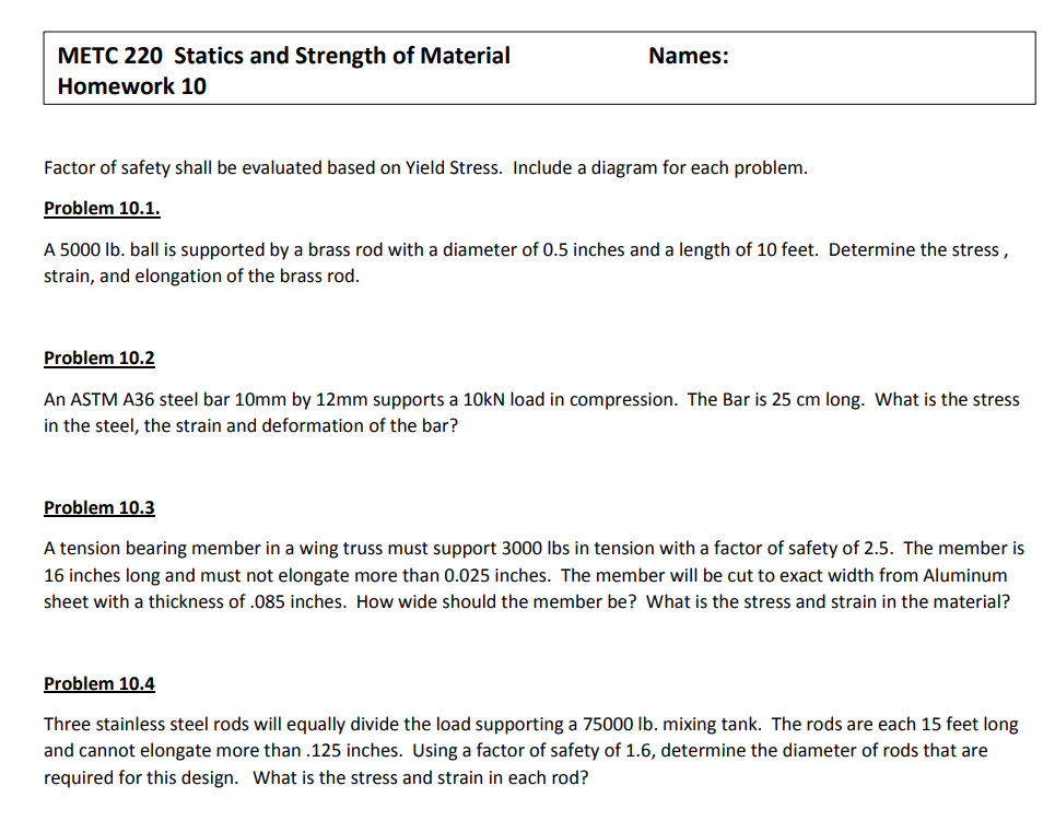 Solved Names: METC 220 Statics and Strength of Material | Chegg.com