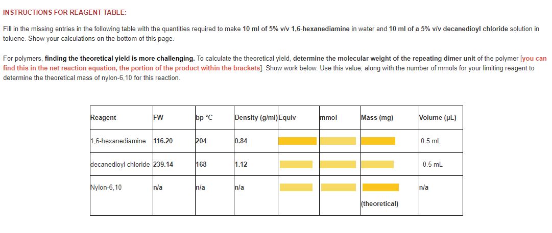 Solved INSTRUCTIONS FOR REAGENT TABLE: Fill in the missing | Chegg.com