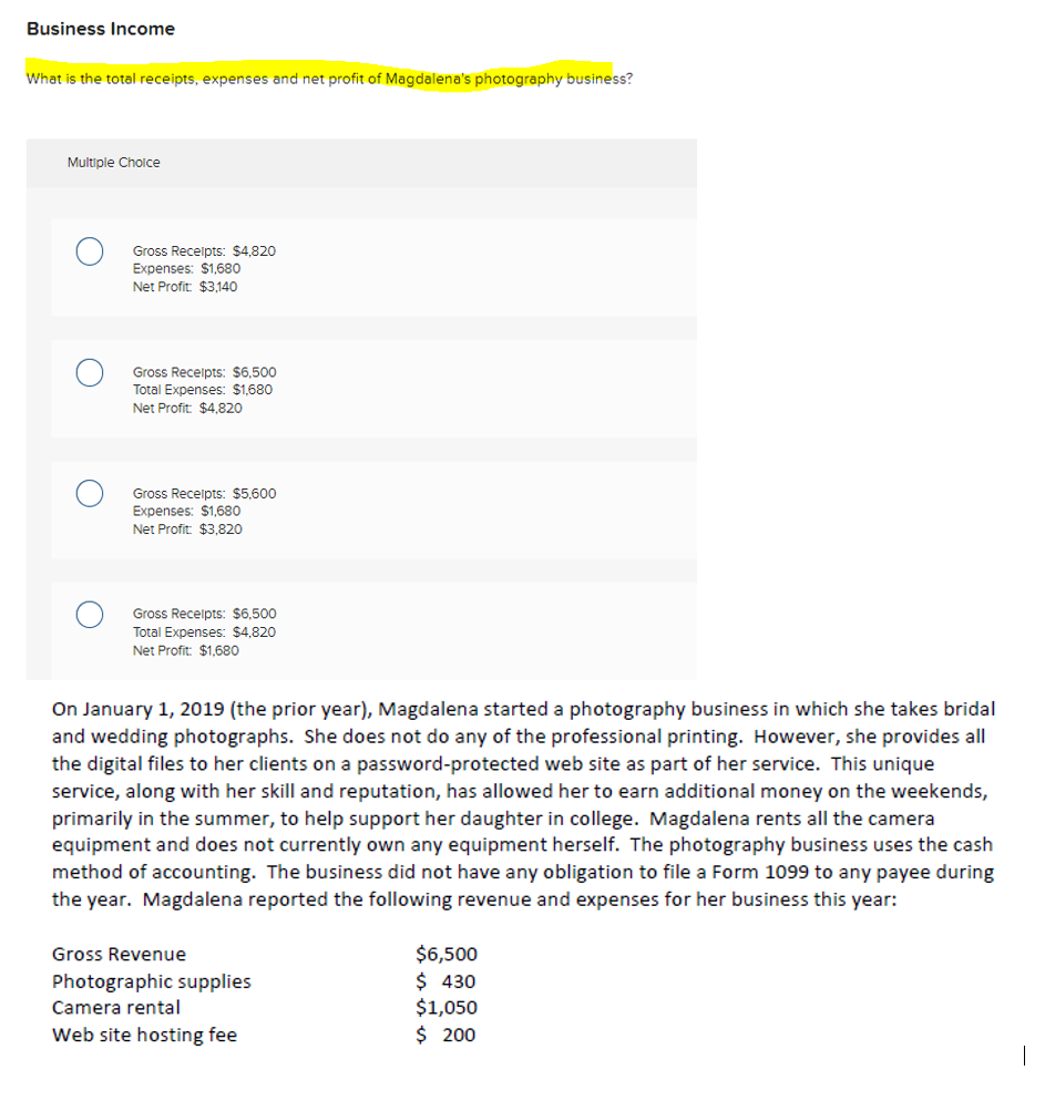 Solved Business Income What is the total receipts, expenses | Chegg.com