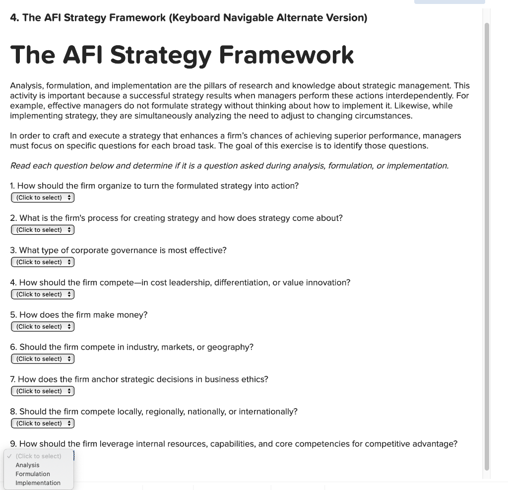 Solved 4 The Afi Strategy Framework Keyboard Navigable