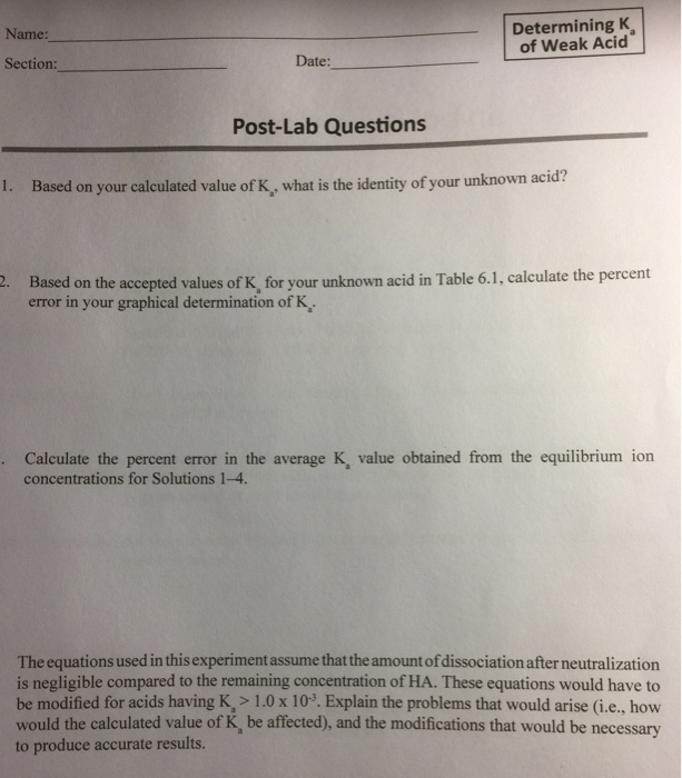 Determining K of Weak Acid Name: Section: Date: | Chegg.com