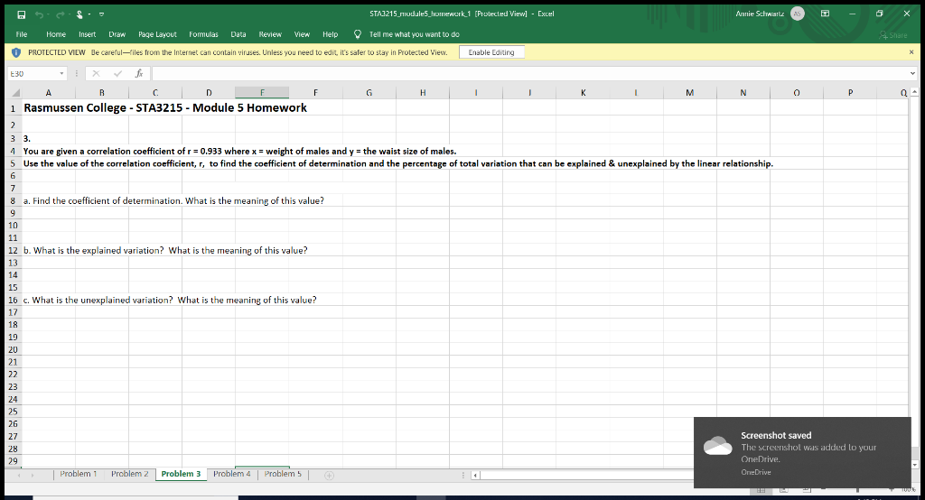 Solved STA3215_module_lomework_1 [Prolected View] - Excel | Chegg.com