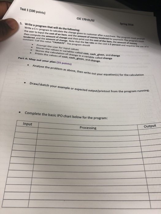 Solved Test 1 (100 points) CSc 170-01/02 Spring 2018 5. Writ | Chegg.com