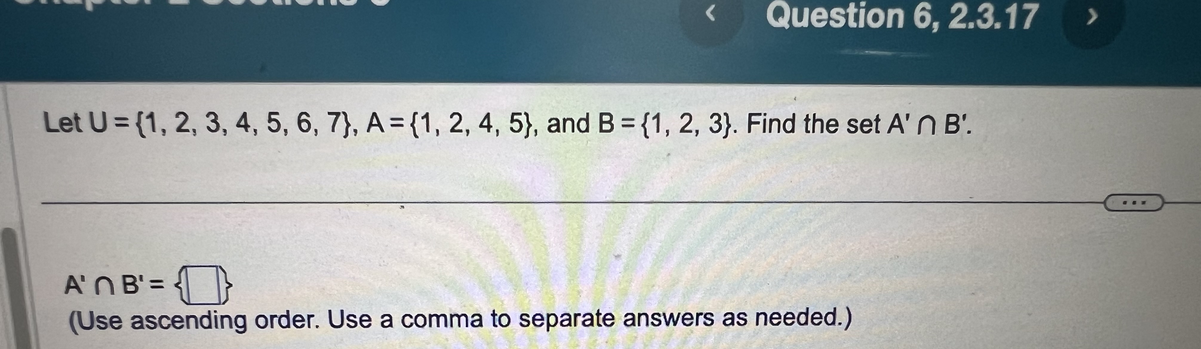 Solved Let U={1,2,3,4,5,6,7},A={1,2,4,5}, and B={1,2,3}. | Chegg.com