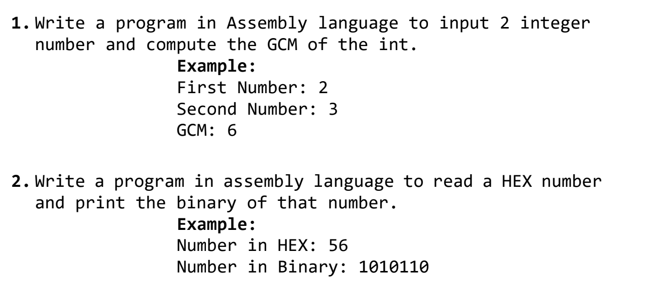 Solved 1. Write a program in Assembly language to input 2 | Chegg.com