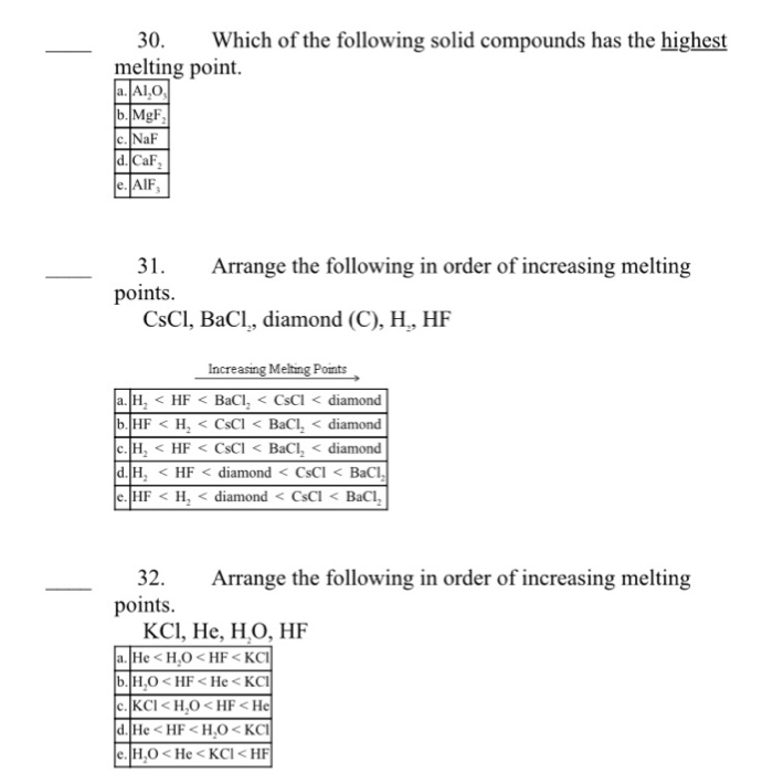 Solved 30 Which of the following solid compounds has the | Chegg.com