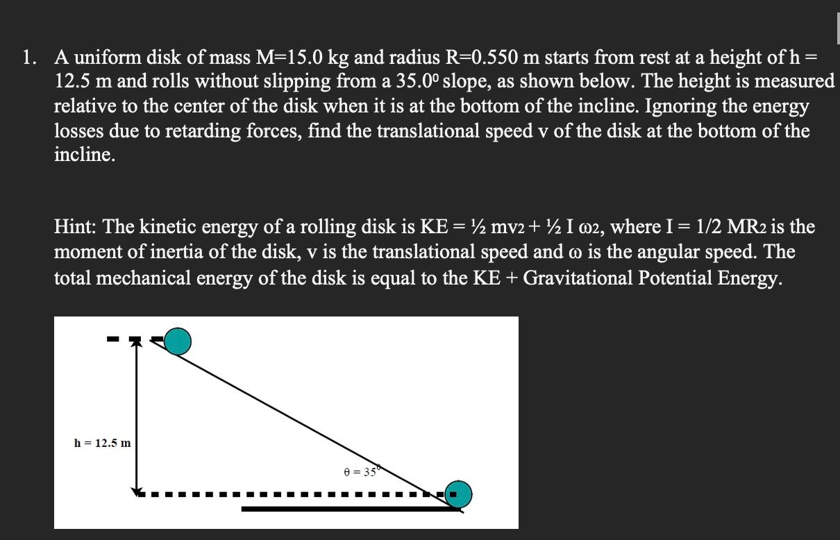Solved A uniform disk of mass M=15.0 kg and radius R=0.550 m | Chegg.com